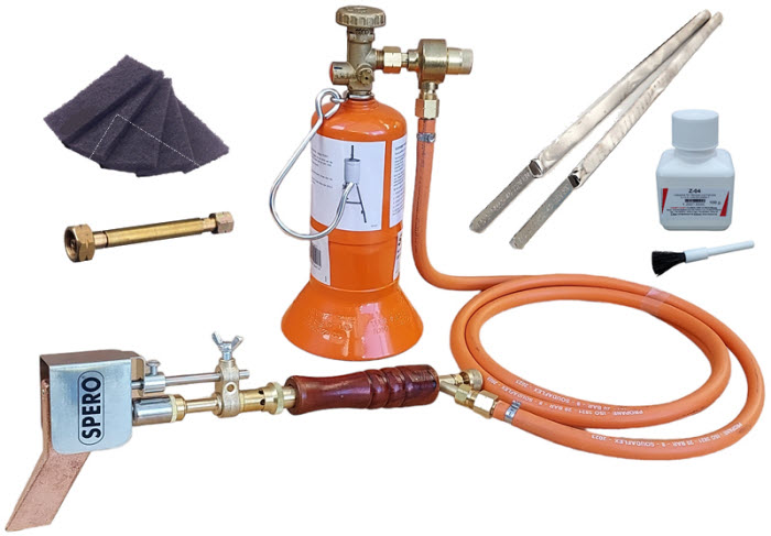 Zinksoldeerbout Hout Pro 350gr. koperen Soldeerbout 1ltr karweifles, vulpijp, 2.0 Mtr Slang ...